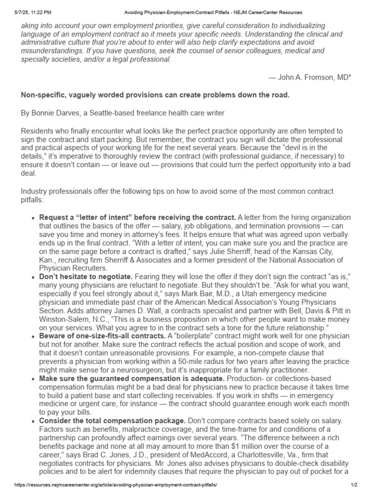 Avoiding Physician-Employment-Contract Pitfalls - NEJM CareerCenter Resources | PDF | Physician ...