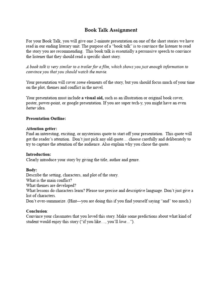 Short Story Book Talk Presentation | PDF