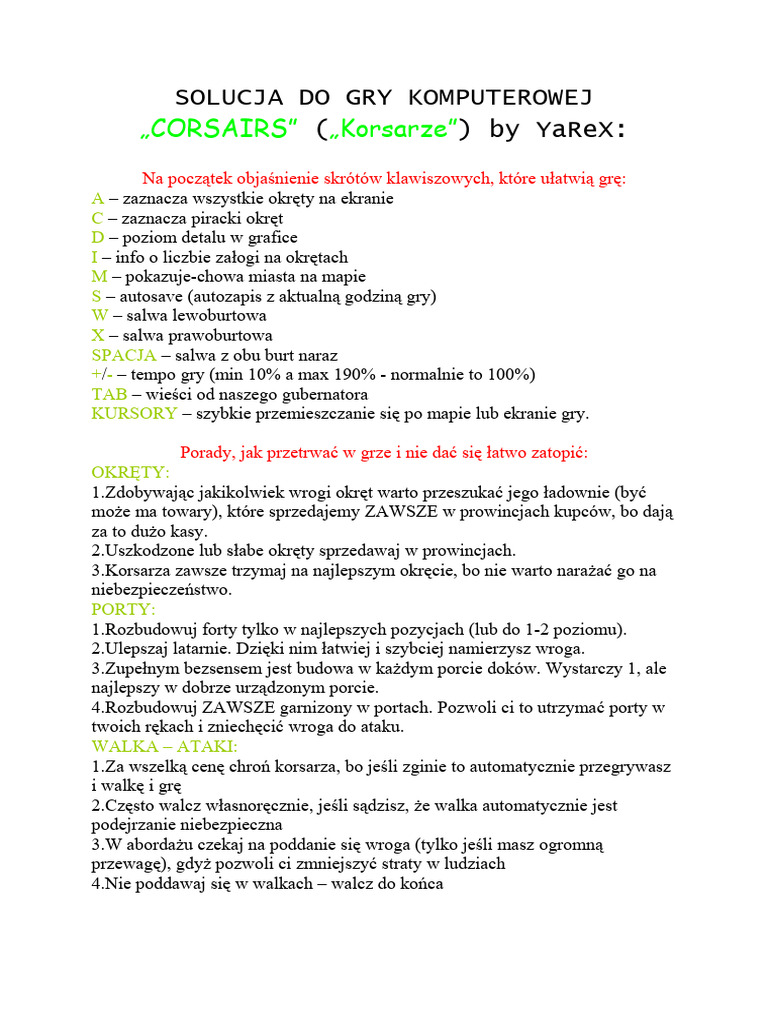 Moja Solucja Do Gry Corsairs (PL) | PDF