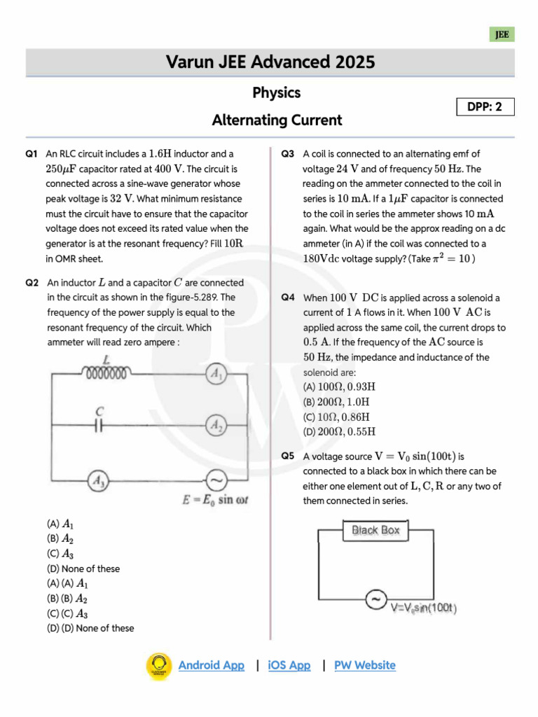 Alternating Current _ DPP 02 (Extra DPP) __ Varun JEE Advanced 2025 | PDF | Inductor ...