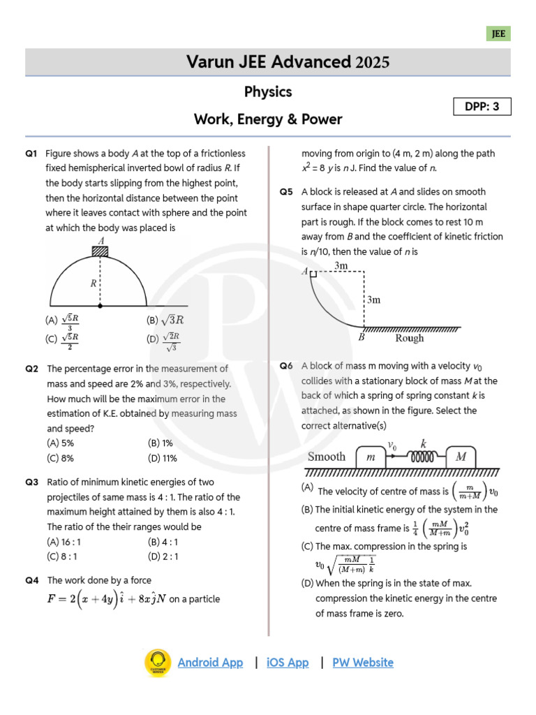 Work, Energy & Power - DPP 03 - Varun JEE Advanced 2025 | PDF | Mass | Force