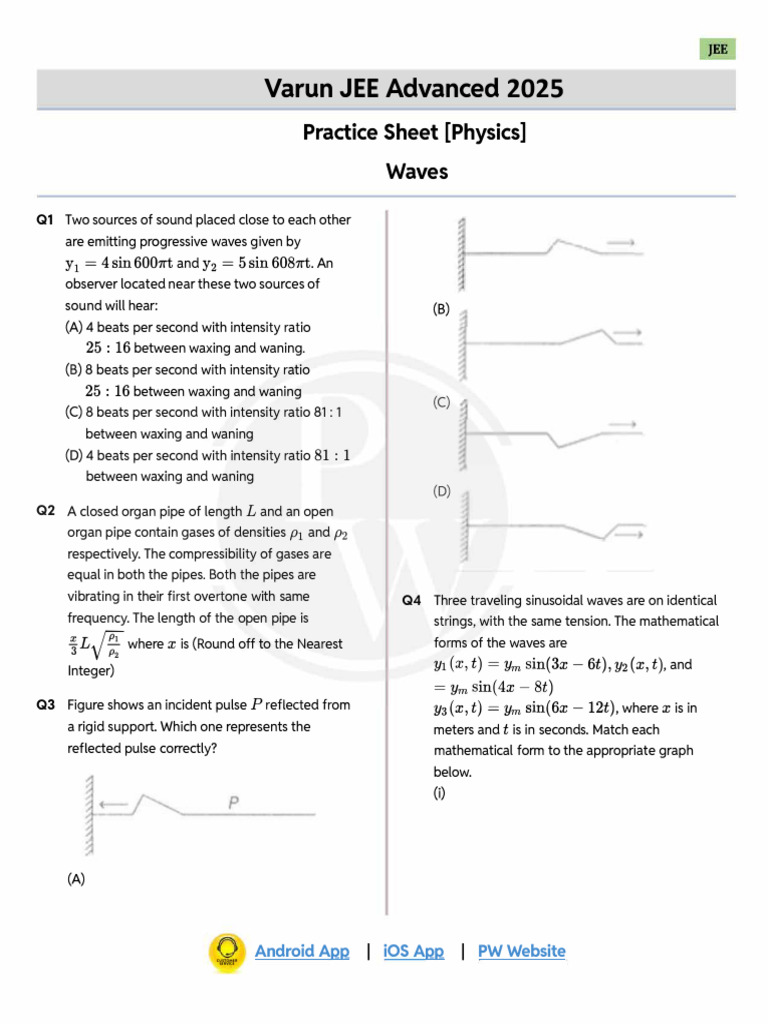 Waves - Practice Sheet - Varun JEE Advanced 2025 | PDF