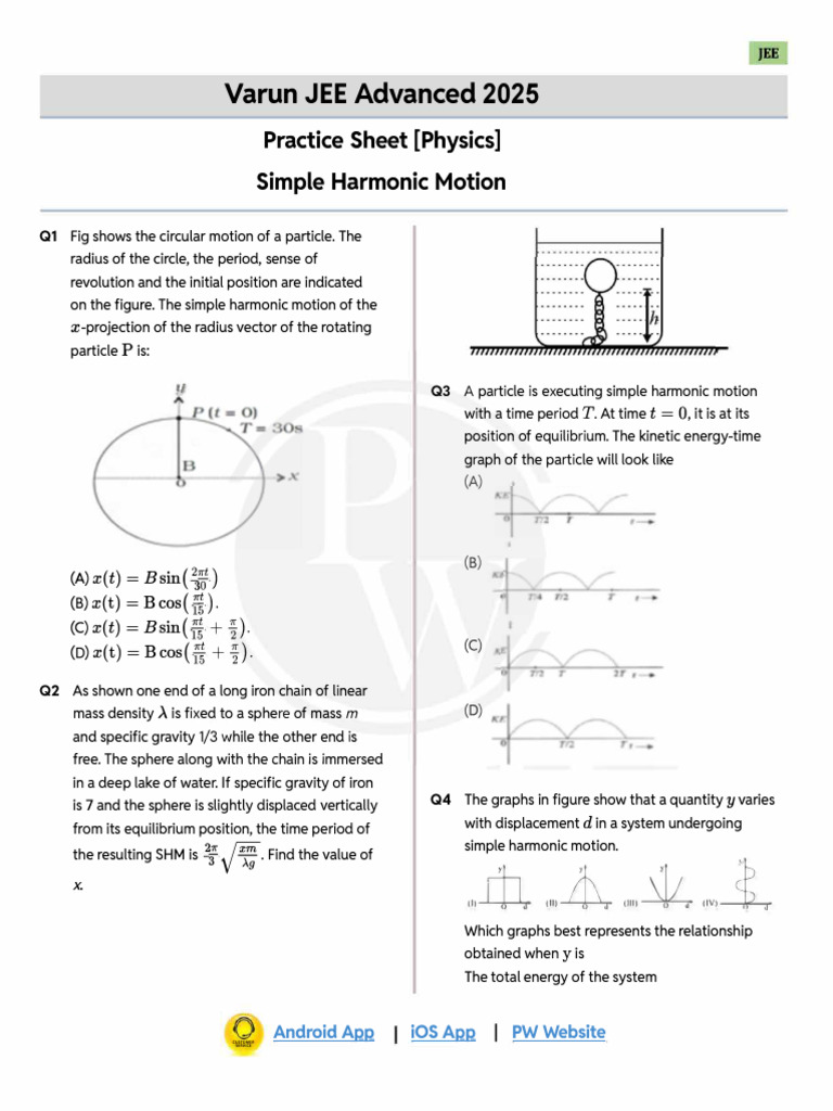 Simple Harmonic Motion - Practice Sheet - Varun JEE Advanced 2025 | PDF