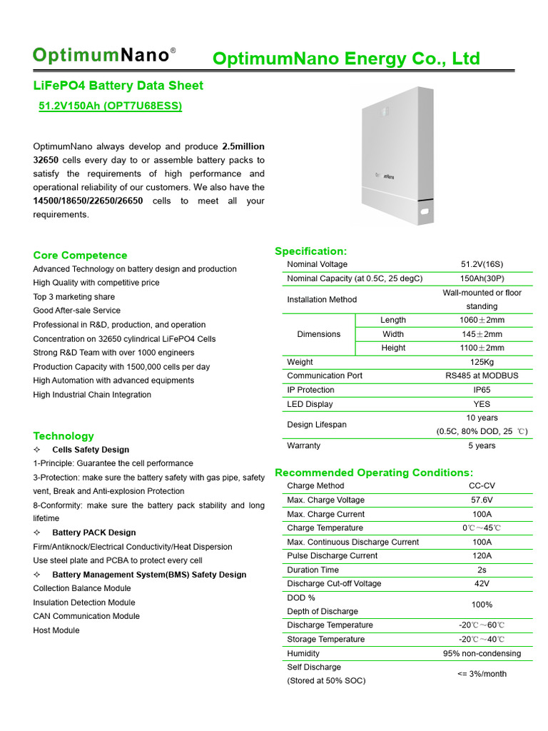 51.2V 150Ah LiFePO4 Battery Data Sheet | PDF | Electricity | Energy Storage