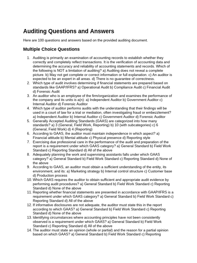 100 Choice and Maching Questions and Answers | PDF | Audit | Auditor's ...