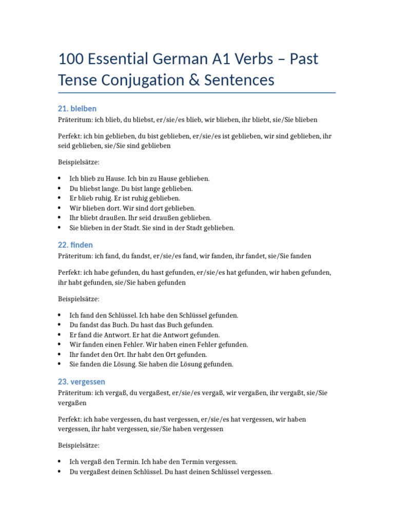 German A1 Verbs 21 To 100 Sample | PDF