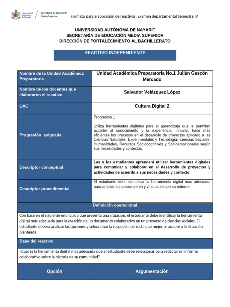 Reactivo Cultura Digital 2 Progresion 1 | PDF | Enseñando | Aprendizaje