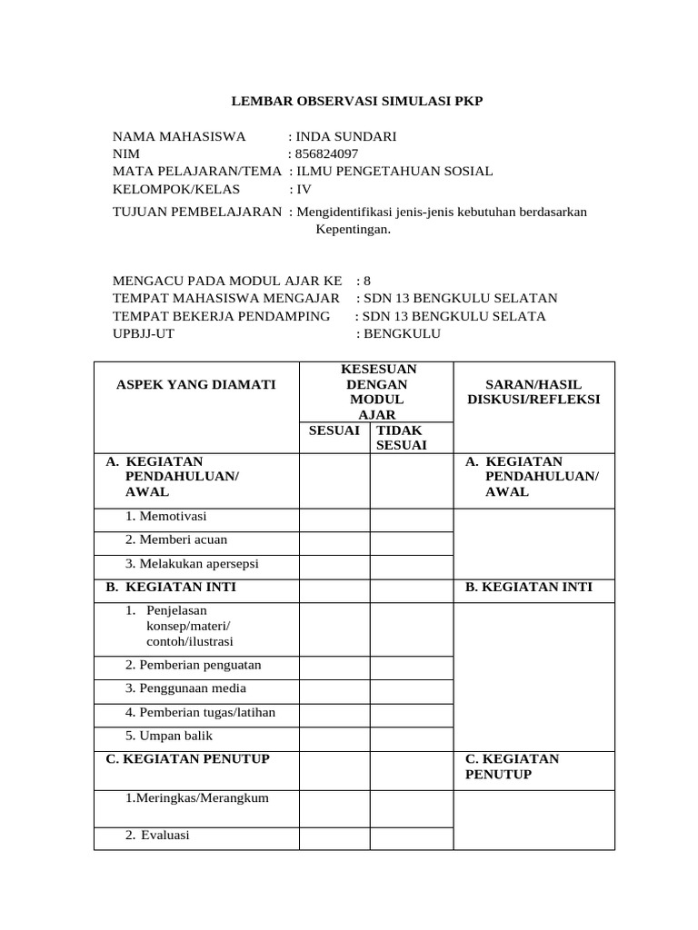 Lembar Observasi Simulasi PKP | PDF