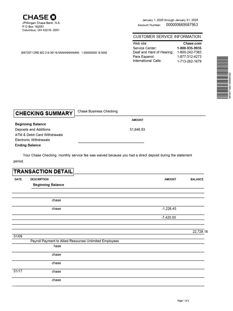 Chase-Bank Statement January | PDF | Banks | Personal Identification Number