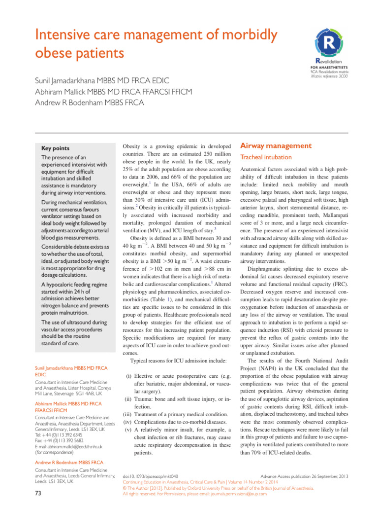 Intensive Care Management of Morbidly Obese Patien | PDF | Breathing ...