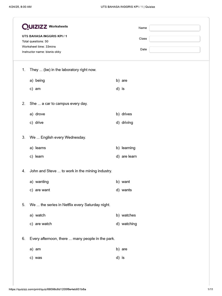 Quizizz English Language Worksheet | PDF