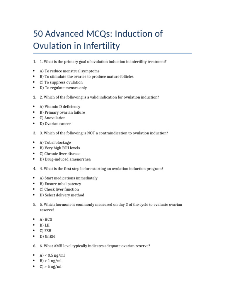 Ovulation Induction 50 MCQs | PDF | Menstrual Cycle | Ovary