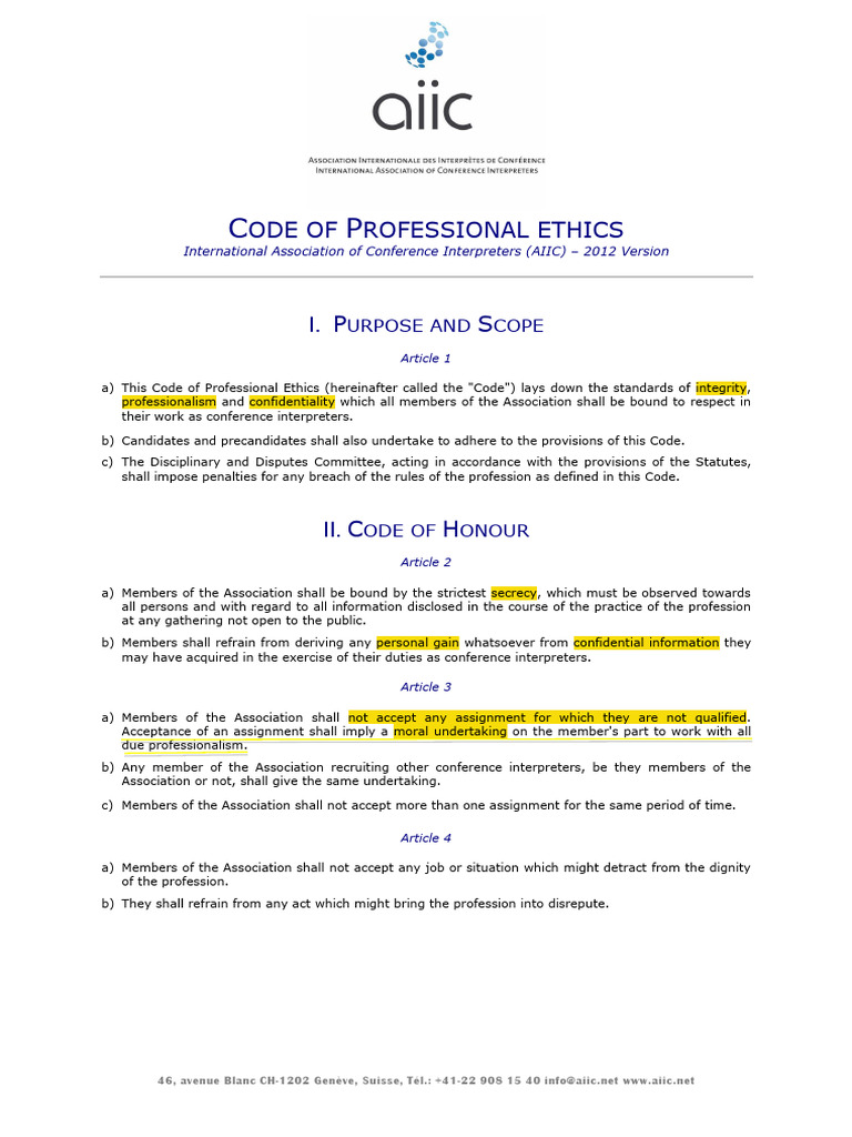 AIIC Code of Ethics: Interpreter Fidelity | PDF | Professional Ethics ...