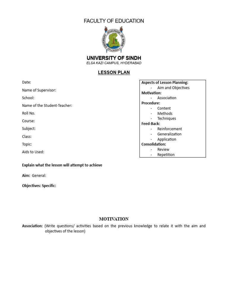 Lesson Plan Templete Adopted by Faculty of Education | PDF | Lesson ...