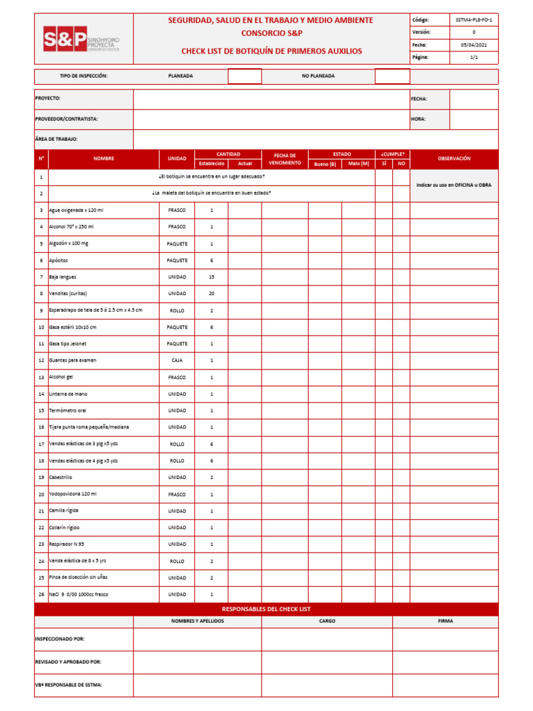 SSTMA-PL8-FO-1 Checklist de Botiquín de Primeros Auxilios | PDF