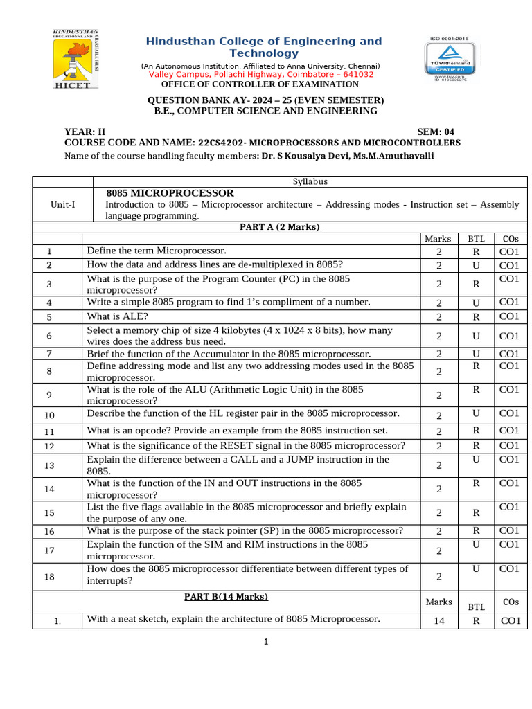 22CS4202 MPMC Question Bank | PDF | Central Processing Unit | Microcontroller