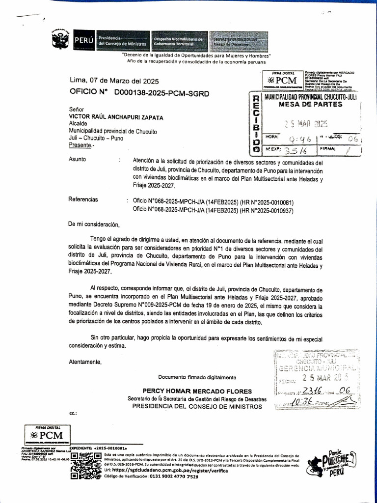 Oficio #D000138-2025-PCM-SGRD | PDF | Gobierno