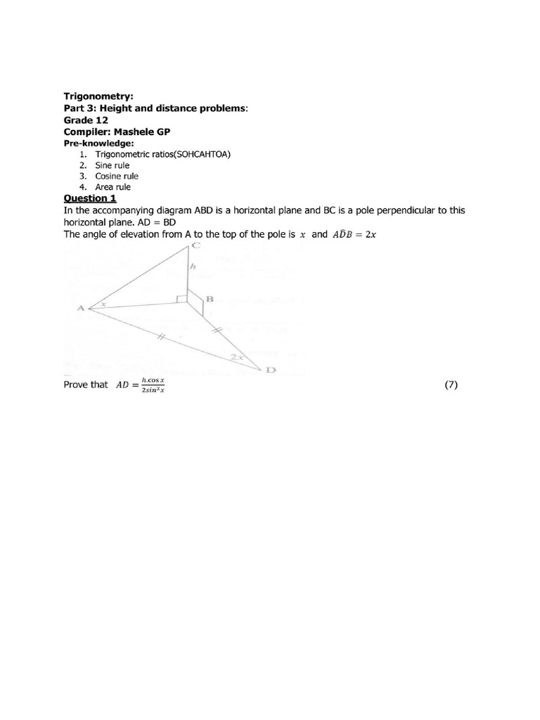 Trigonometry (Height and Distance Problems) | PDF