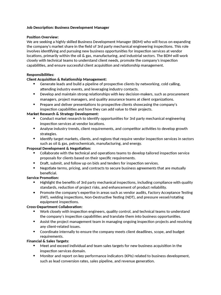 Job Description Business Development Manager | PDF | Business ...
