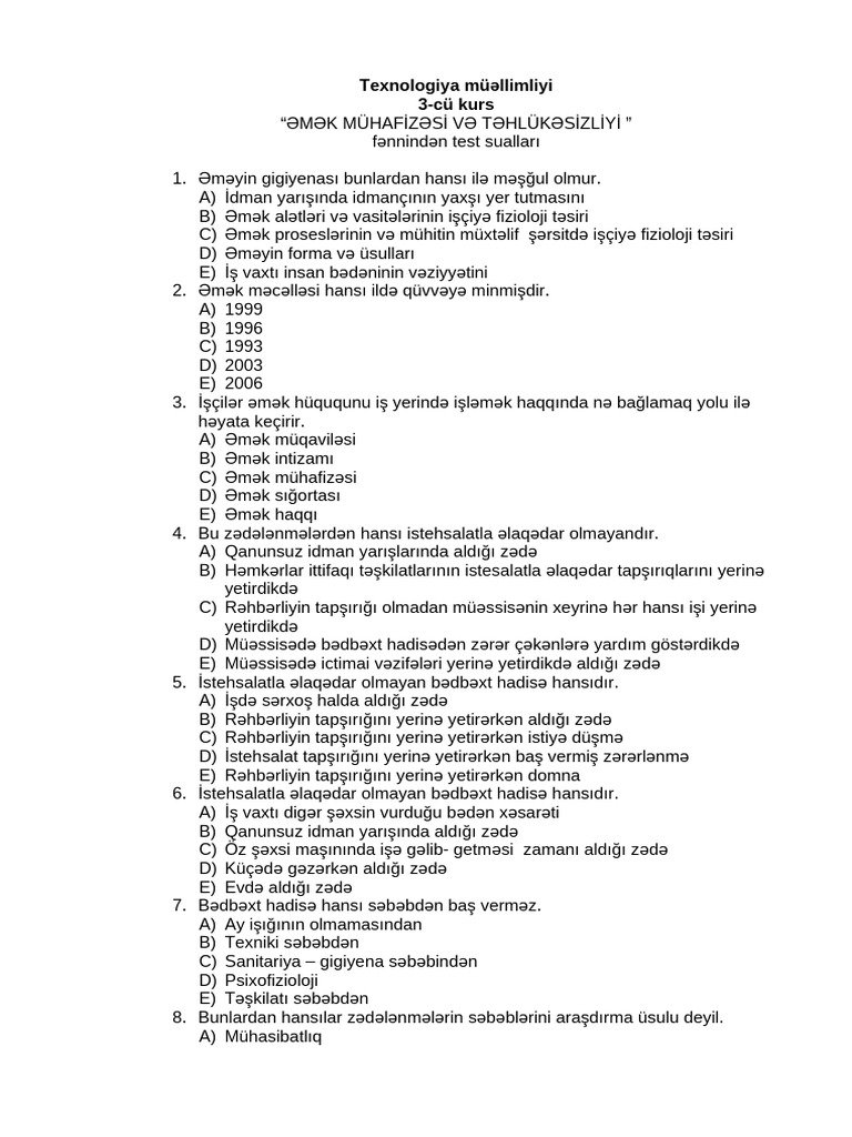 ƏMƏK Mühafizəsi VƏ Təhlükəsizliyi Texnologiya Muellimliyi 3 Kurs | PDF