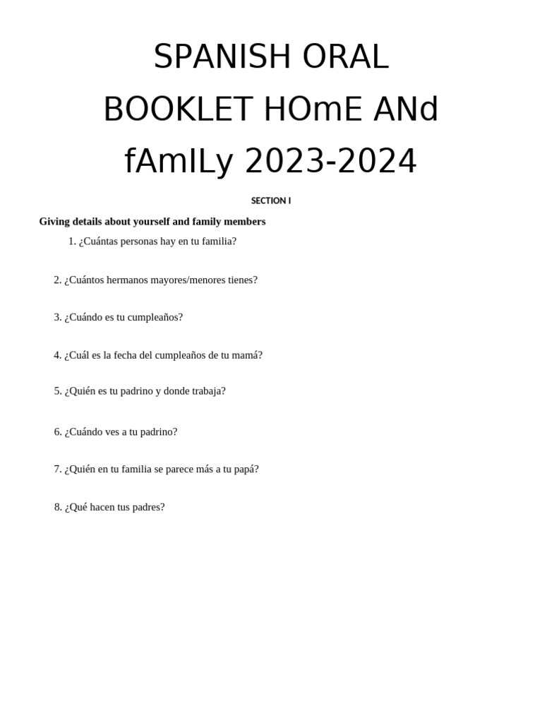 Home and Family Oral Booklet | PDF