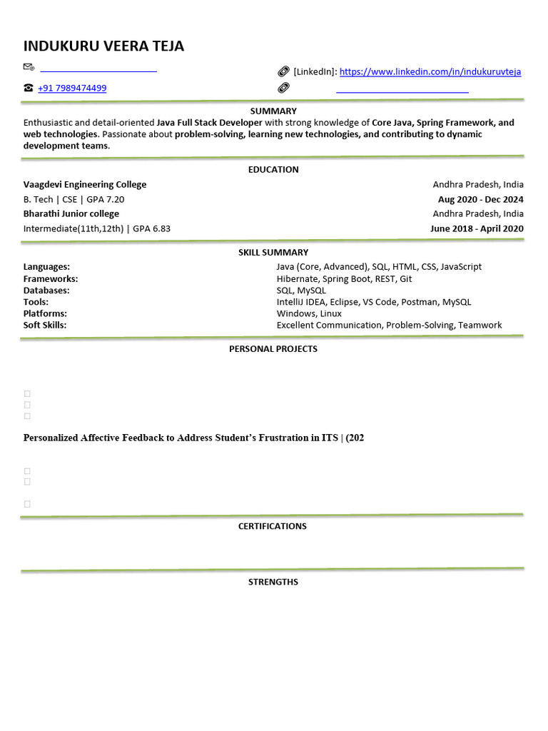 Indukuru Veera Teja Resume | PDF | Java (Programming Language) | My Sql