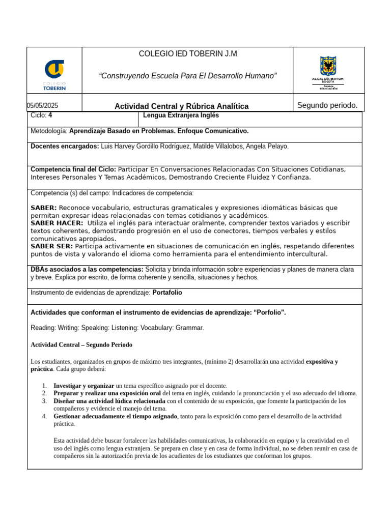 Act Central y Rúbrica. Ciclo IV 2do Per | PDF | Aprendizaje | Comunicación humana