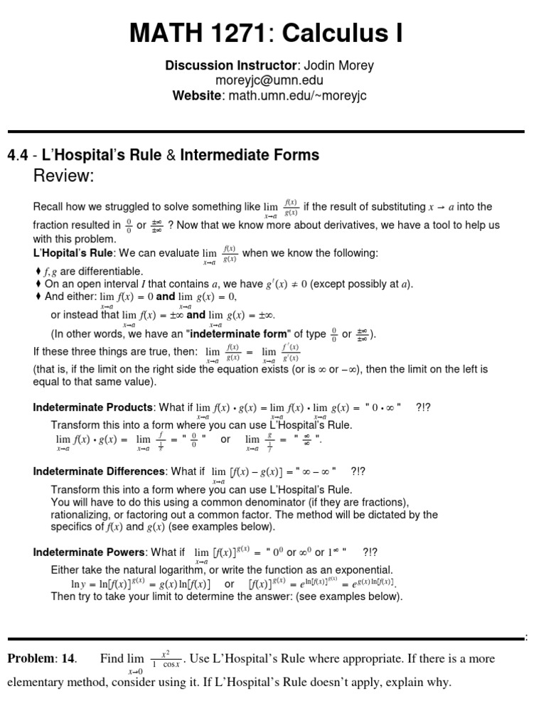 L'Hospital's Rule and Limit Techniques | PDF | Trigonometric Functions ...