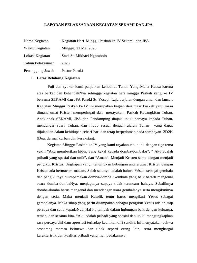 LAPORAN PELAKSANAAN KEGIATAN SEKAMI DAN JPA MINGGU Prapaskah Ke III (1) - 1 | PDF