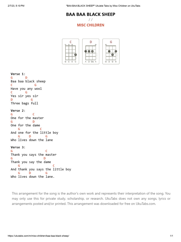 BAA BAA BLACK SHEEP - Ukulele Tabs by Misc Children On UkuTabs | PDF