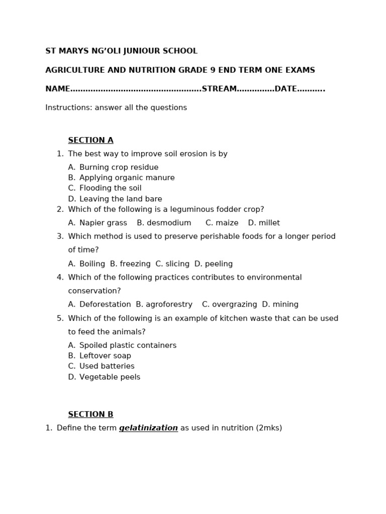 Grade 9 Agriculture & Nutrition Exam | PDF | Vegetables | Agriculture