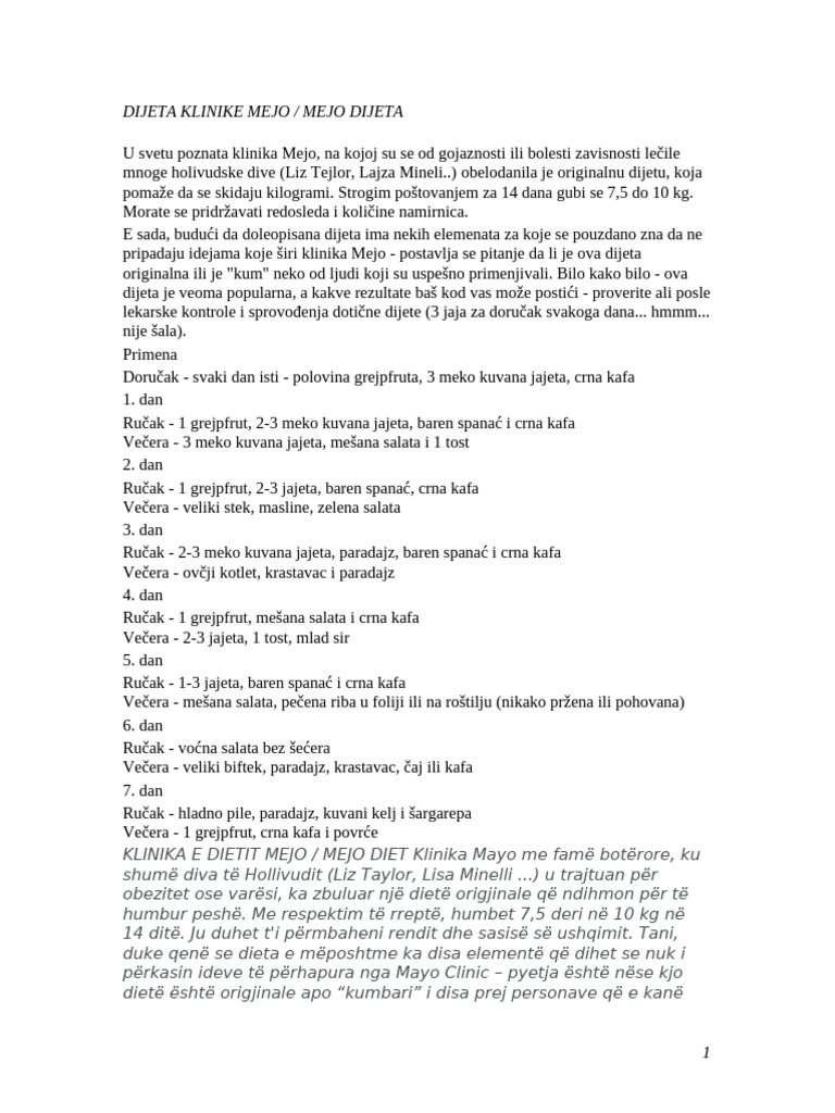 Dijeta Klinike Mejo | PDF