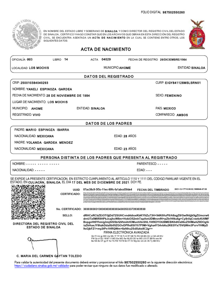Acta de nacimiento yaneli | PDF | Gobierno y personalidad | Documentos legales