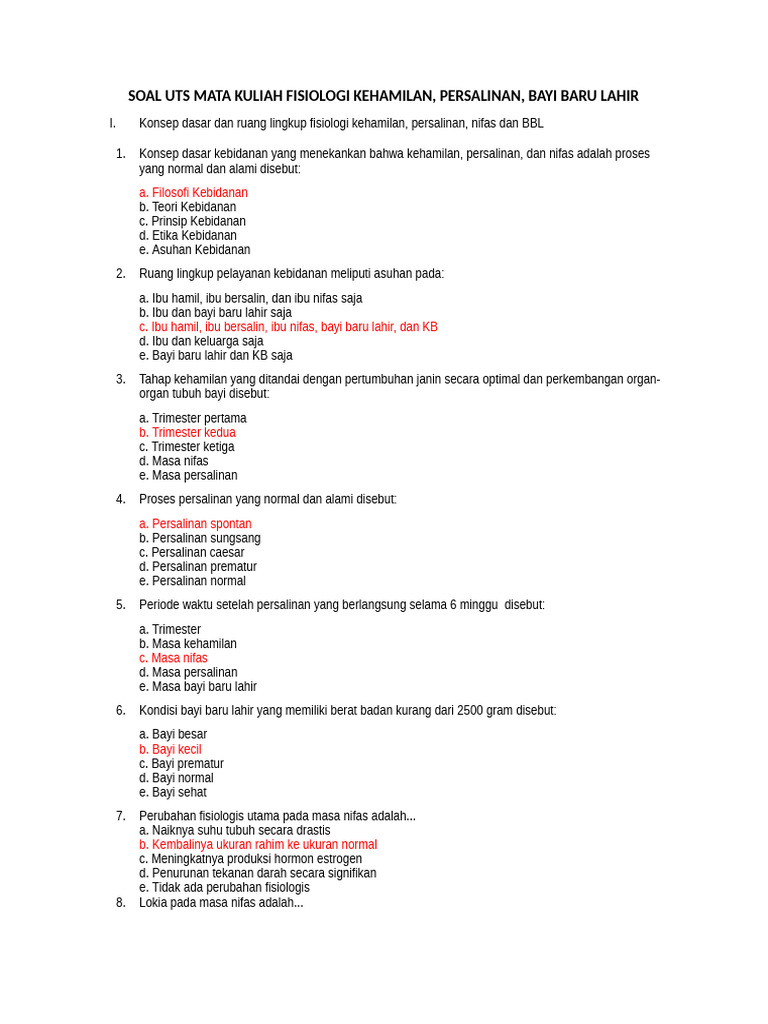 Soal Uts Mata Kuliah Fisiologi Kehamilan | PDF