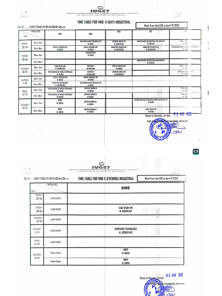 Time Table For HND II Day and Evening Industrial - 1 | PDF