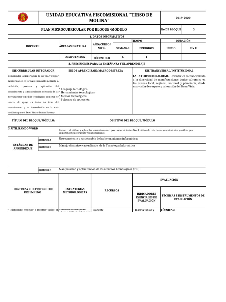 1.2 Plan de Bloque 3 W8 | PDF | Evaluación | Microsoft Word
