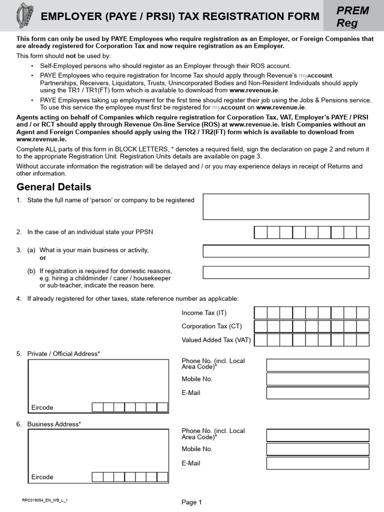 PAYE Employer Tax Registration Form | PDF | Taxes | Business