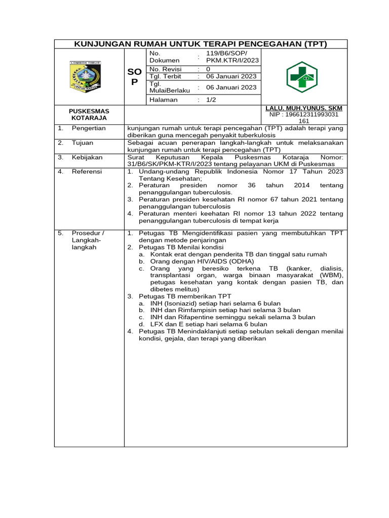 Sop Kunjungan Rumah Untuk Terapi Pencegahan (TPT) | PDF