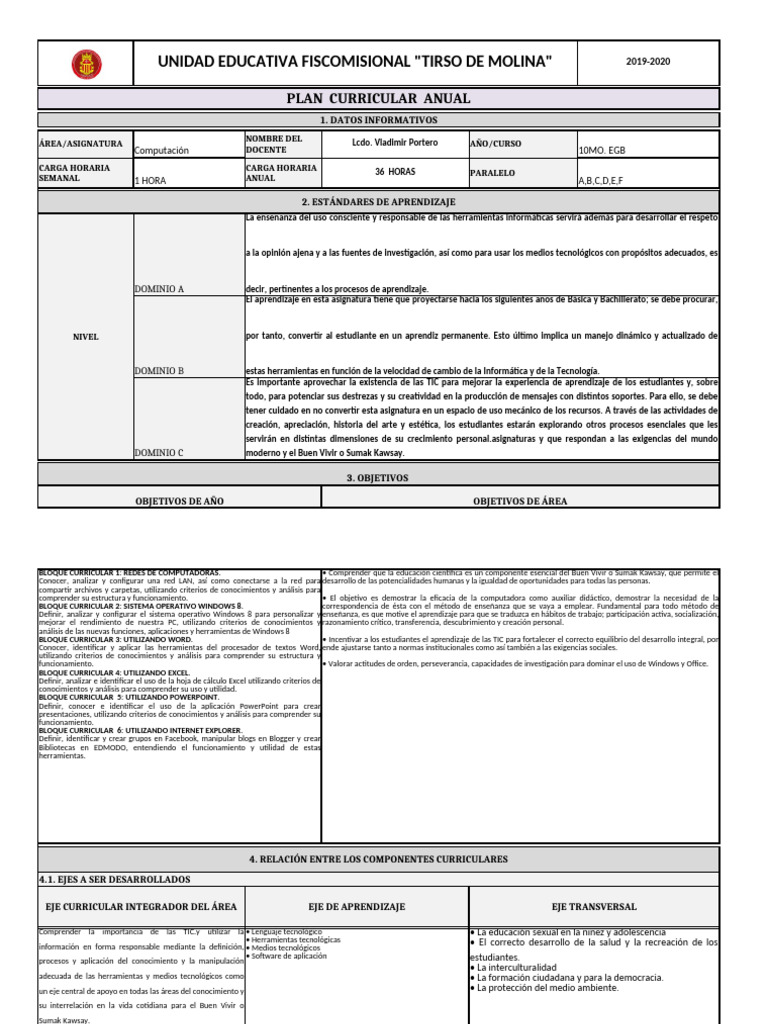 1.1 Plan Curricular Anual W8 | PDF | Microsoft Excel | Enseñando