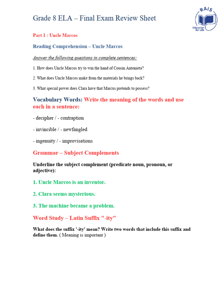 ELA Review Sheet Part 1 | PDF