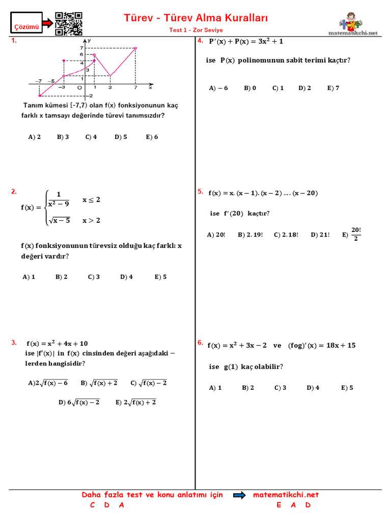 Türev Alma Kuralları Test 1 Z | PDF