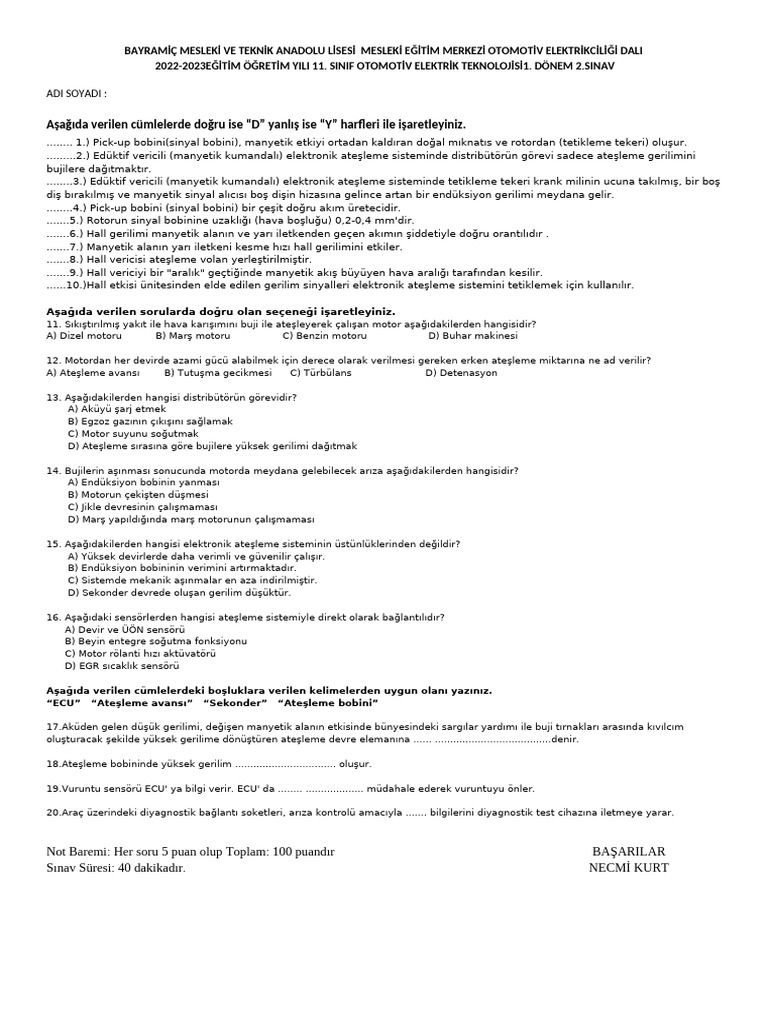 Otomotiv Elektrik Teknolojisi 2 - Soruları | PDF