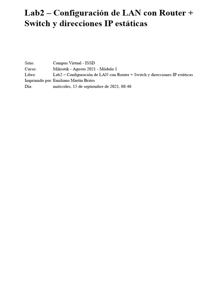 Lab2 - Configuración de LAN Con Router + Switch y Direcciones IP Estáticas | PDF | Enrutador ...