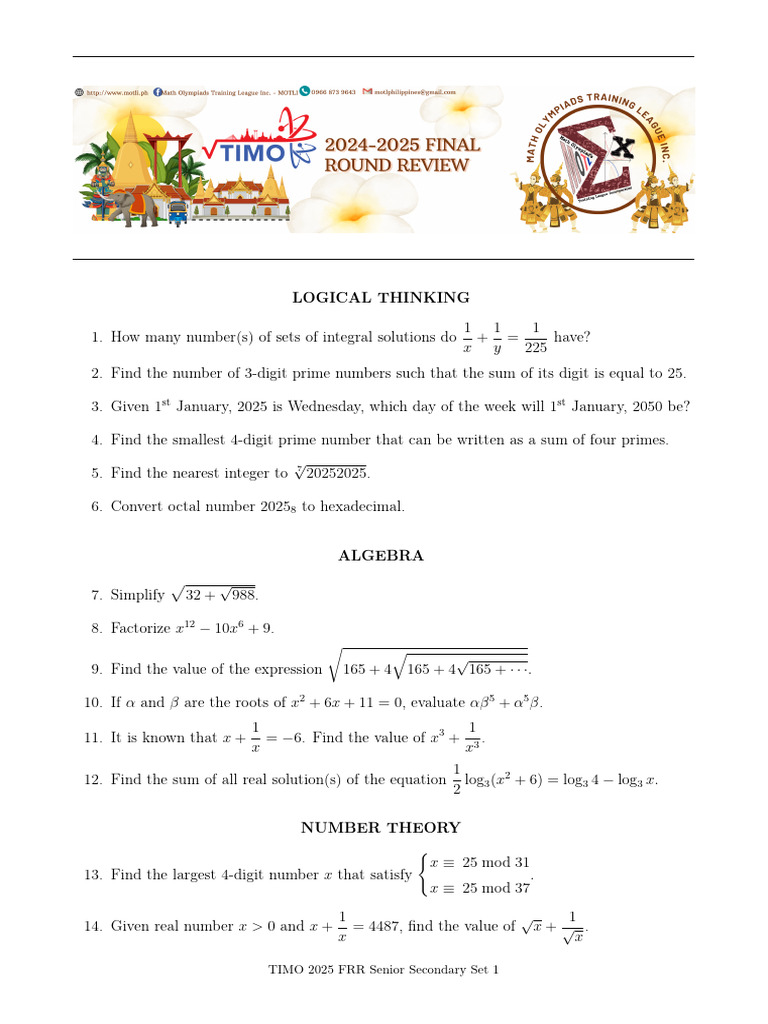 TIMO 2025 FRR SS Set 1 Corrected Solution Manual | PDF | Numbers | Mathematical Objects