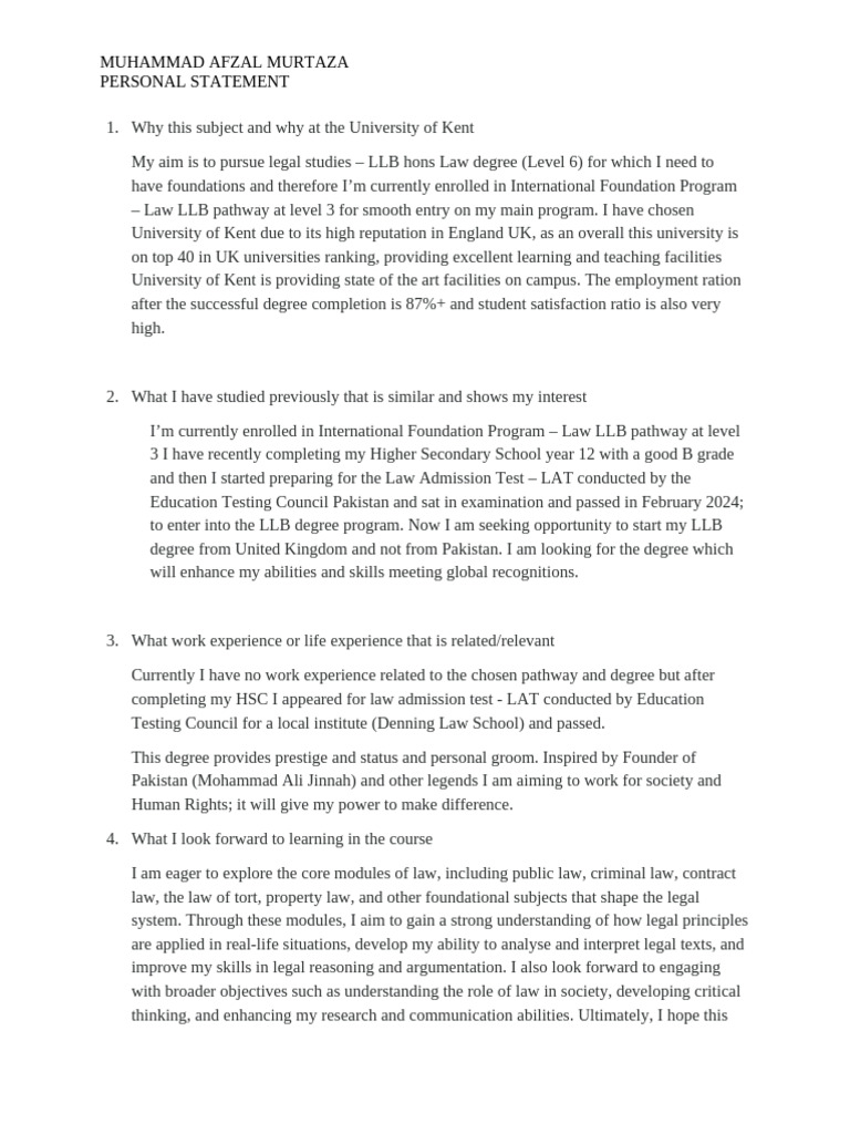 Personal Statement for LLB at Kent University | PDF | University And ...