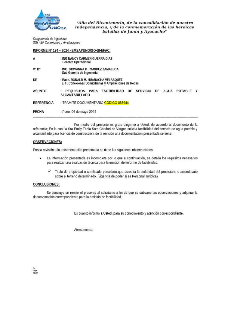 Informe N°174-2024-Emsapuno-Go-Factibilidad de Servicio Calle Agustin Gamarra | PDF