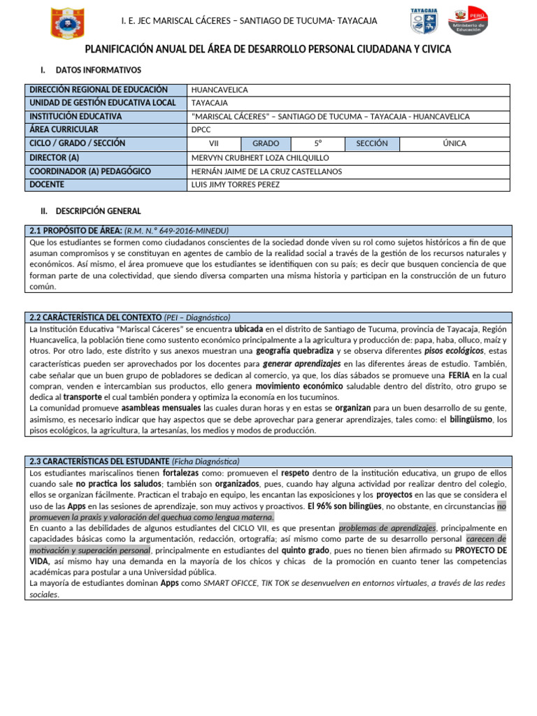 PLANIFICACIÓN ANUAL DPCC 5TO (1) | PDF | Evaluación | Multilingüismo