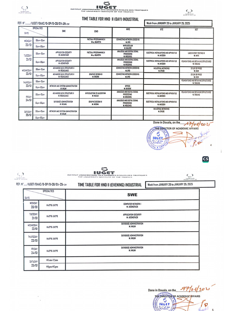 Time Table For HND Ii (Day and Evening) Industrial - 1 | PDF