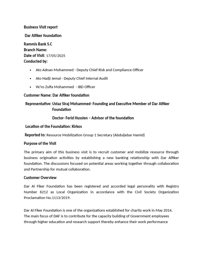 Business Visit Report - Dar Alfekir Foundation | PDF | Economies | Business