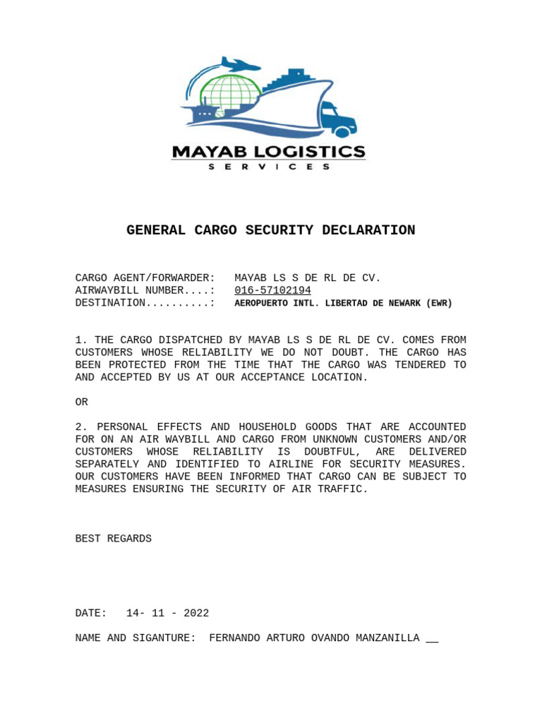 Carta GENERAL CARGO SECURITY DECLARATION | PDF